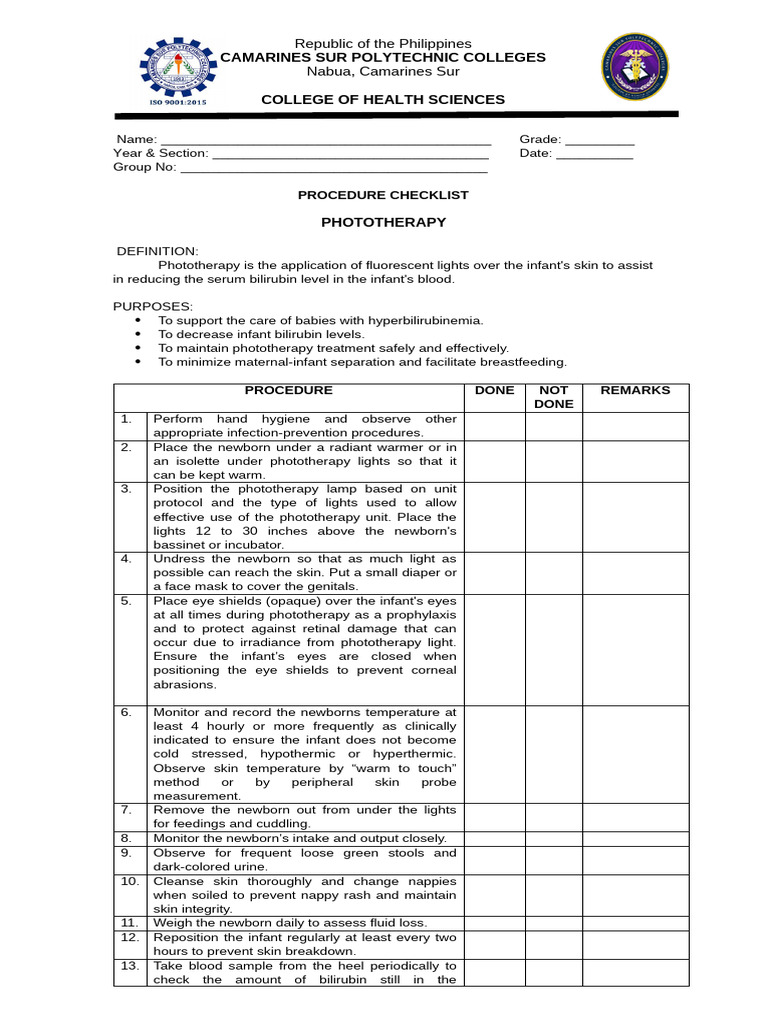 Phototherapy Procedure for Newborns | PDF | Neonatal Intensive Care ...