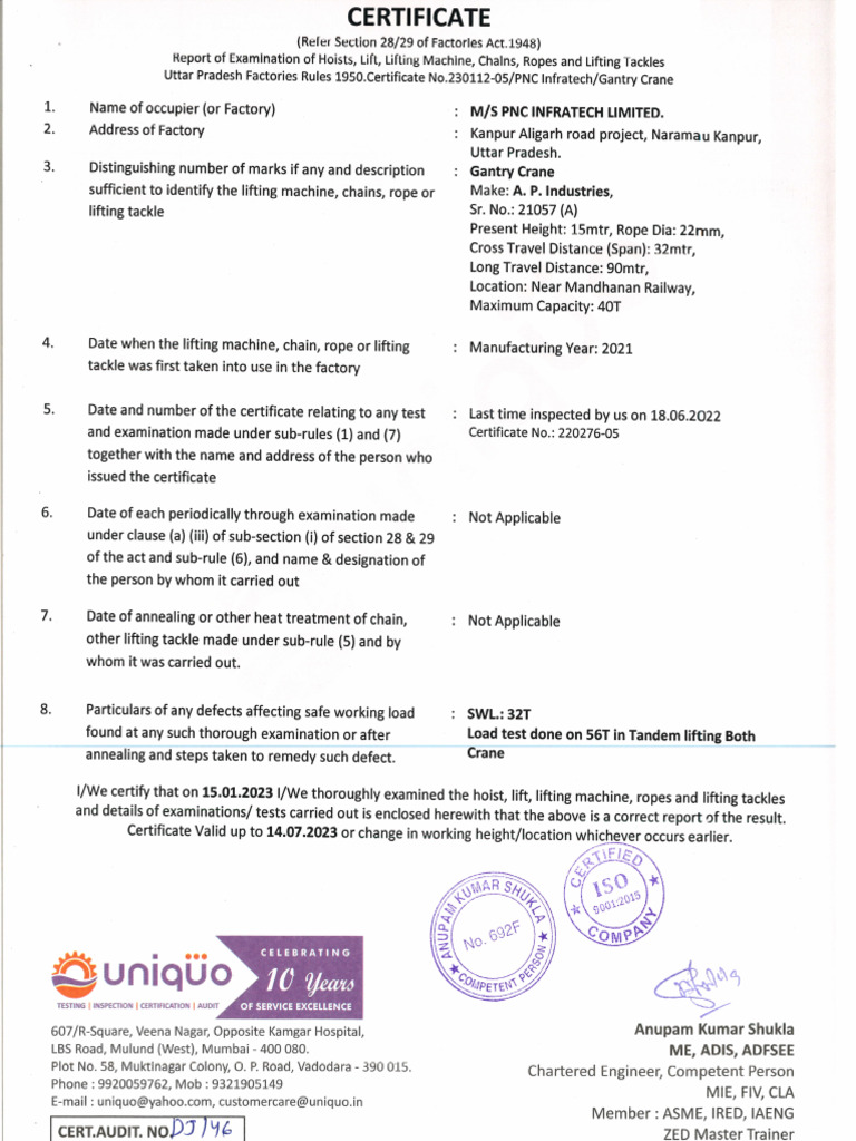Gantry 40T-01 Tpi Certificate | PDF | Construction Equipment