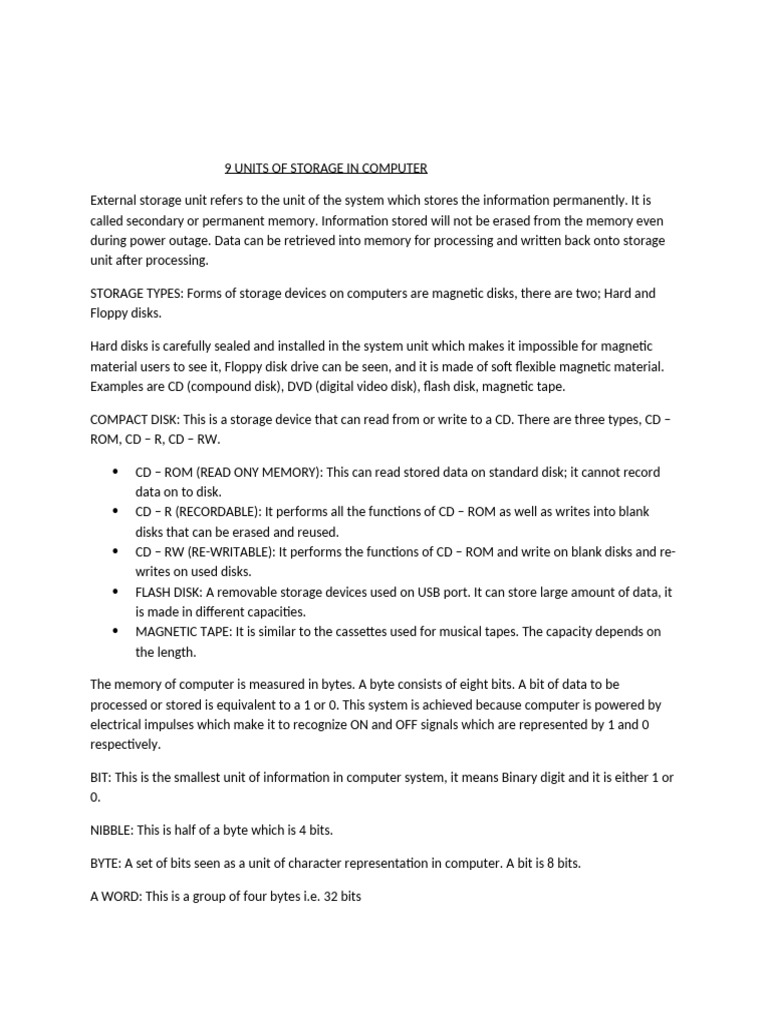 9 UNITS OF STORAGE IN COMPUTER tife | PDF | Computer Data Storage | Byte