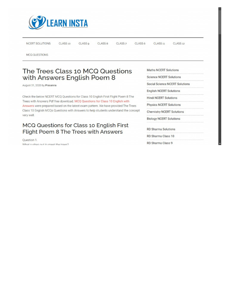 The Trees Class 10 MCQ Questions With Answers English Poem 8 ...