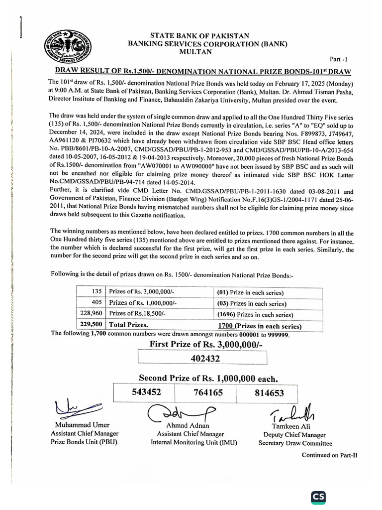 2025 Prize Bond Result for 1500 | PDF
