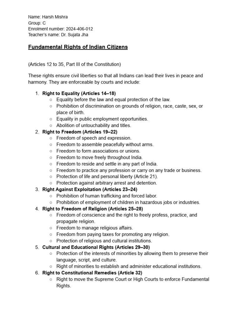 Fundamental Rights of Indian Citizens - Signed | PDF | Libertarian Theory | Social Policy
