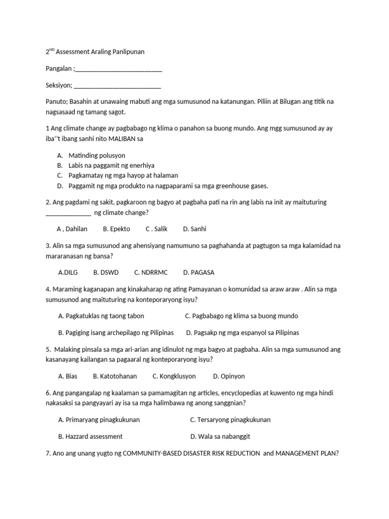 2ND Assessment Araling Panlipunan | PDF