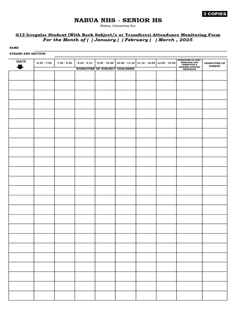 Attendance Form Learner With Back Subjects Sy 2024-2025 Sem 2 | PDF