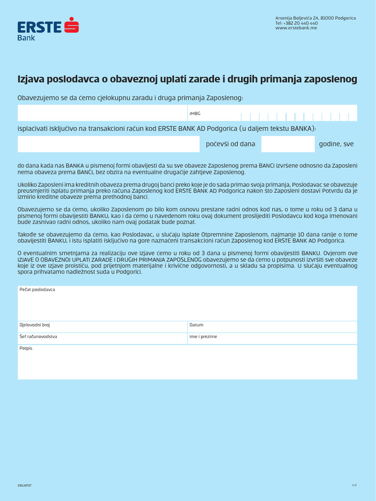 Izjava Poslodavca Zaposlenog - PC - EBLNF07 | PDF