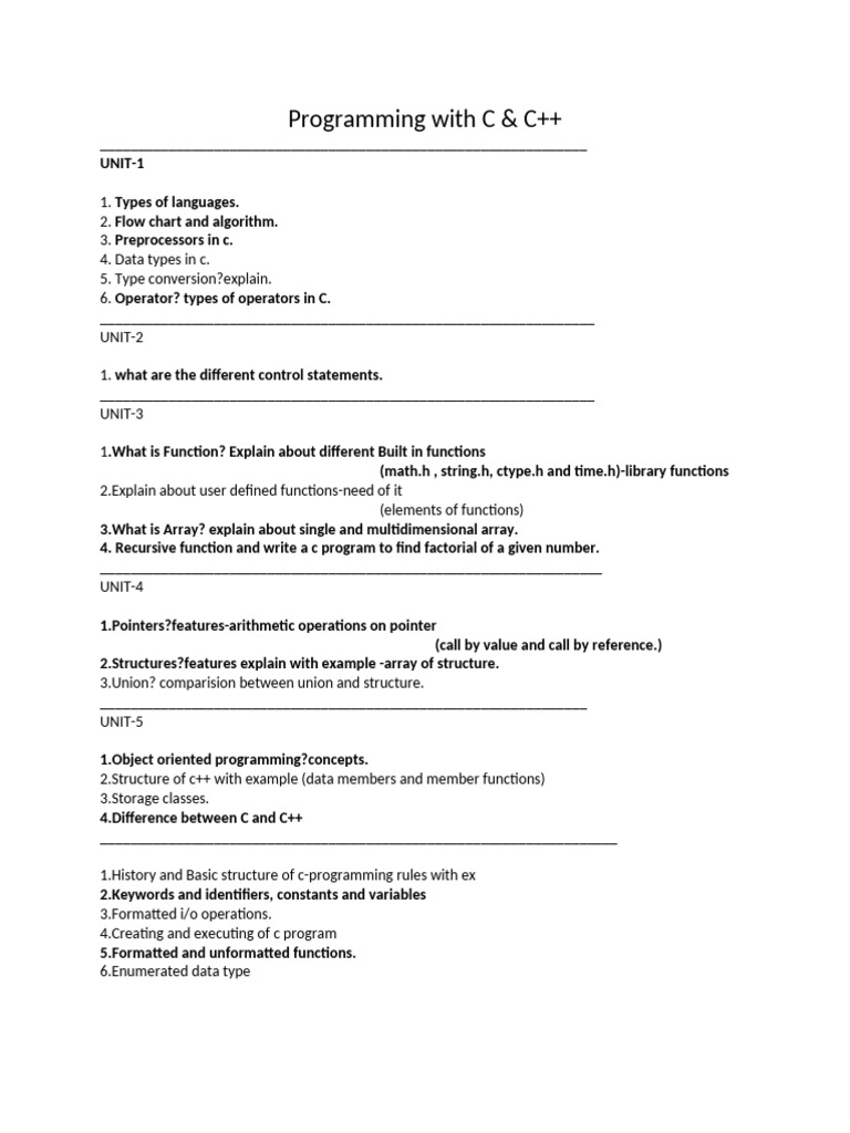 Programming With C and CPP IMP QUESTIONS | PDF