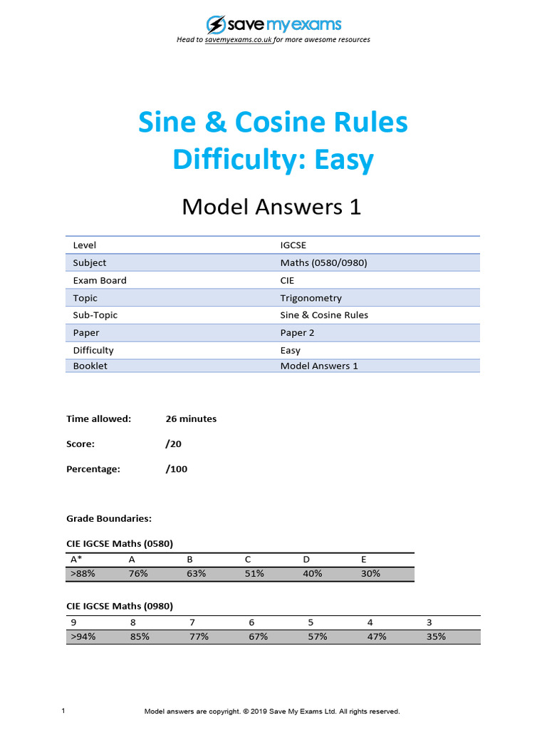 E6.4a Sine - Cosine Rules 2A Model Answers Booklet 1 CIE IGCSE Maths ...