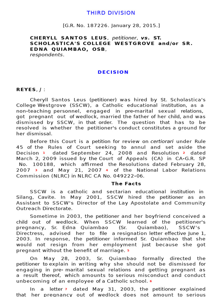 Leus v. St. Scholastica's College Westgrove | PDF | Morality | Marriage