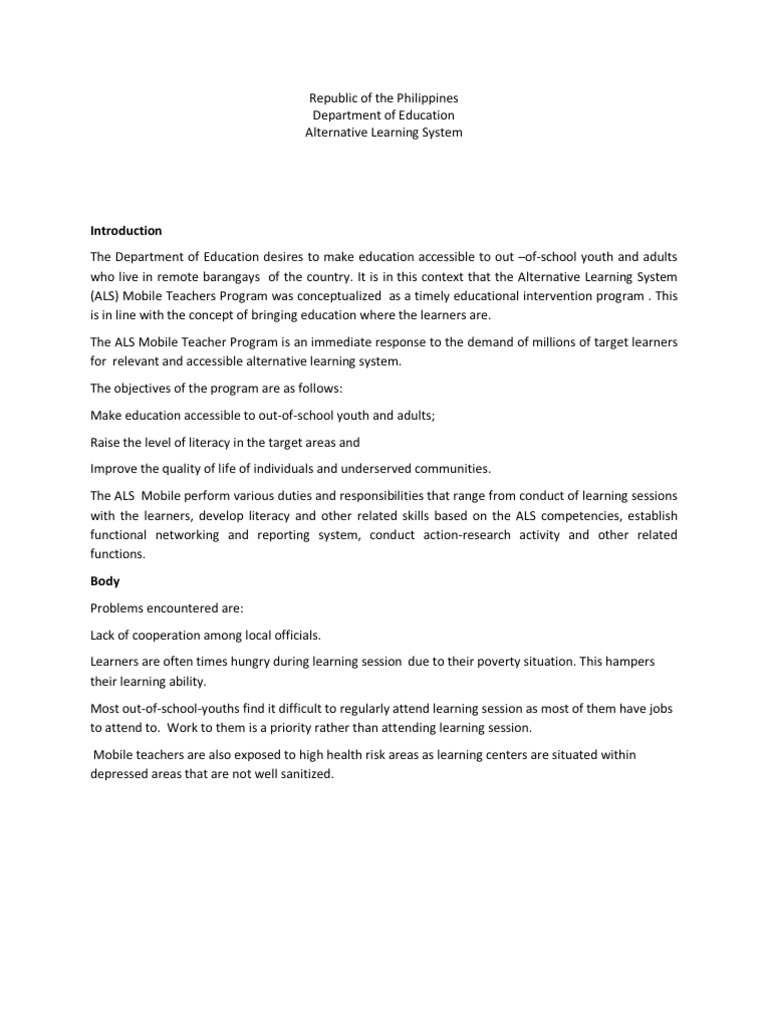 Alternative Learning System Philippines - Suggested Procedures and ...