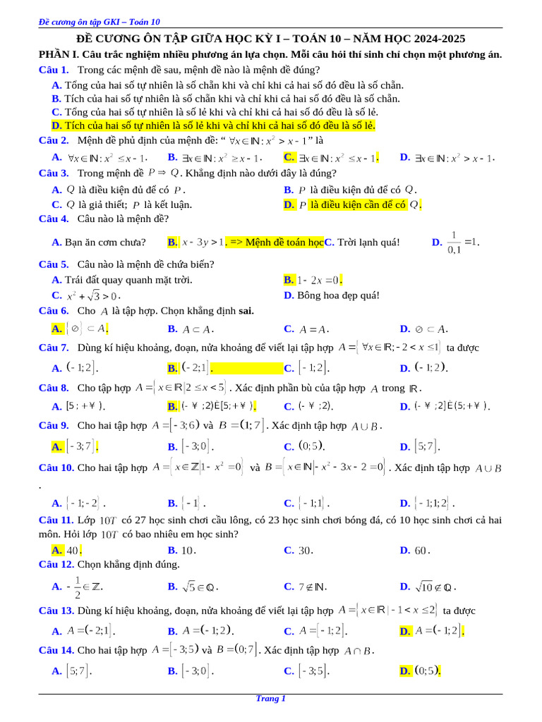 10 TOÁN - ĐỀ CƯƠNG ÔN TẬP GKI - 24 25. hs | PDF