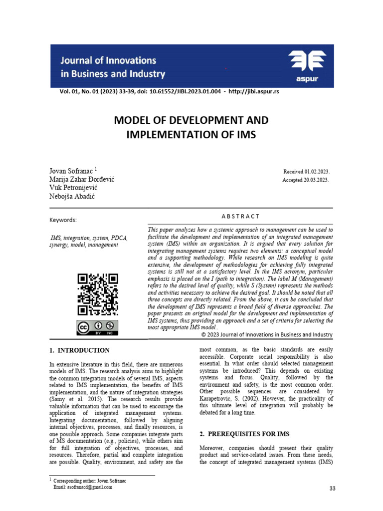 MODEL OF DEVELOPMENT AND IMPLEMENTATION OF IMS | PDF | System | Quality Management System