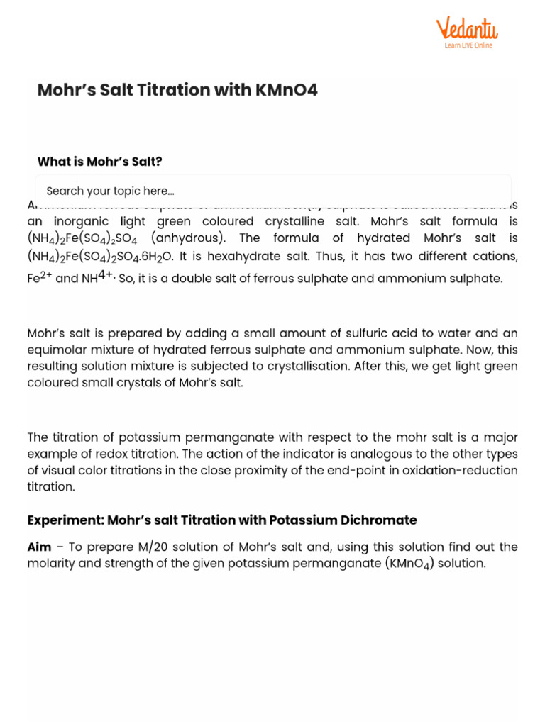 Mohr’s Salt Titration with KMnO4 | PDF