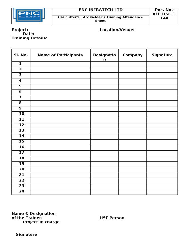 Doc. No.-ATE-HSE-F-14A-Training Attendance. Record Sheet | PDF