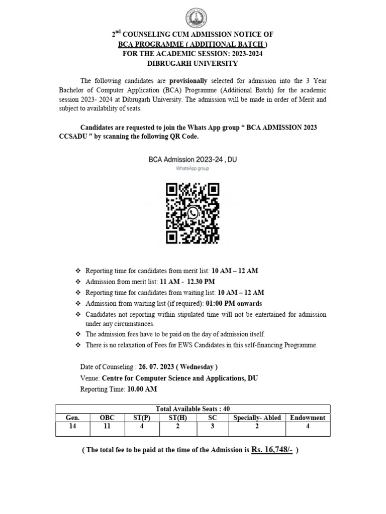 Merit List BCA 2nd Batch 2023 2024. | PDF | Politics Of India | Government Of India