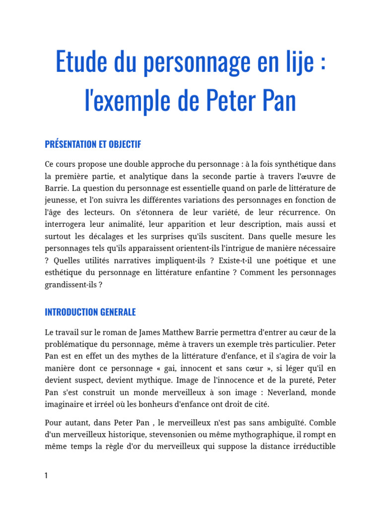 Etude Du Personnage en Lije - L'exemple de Peter Pan M1 | PDF ...