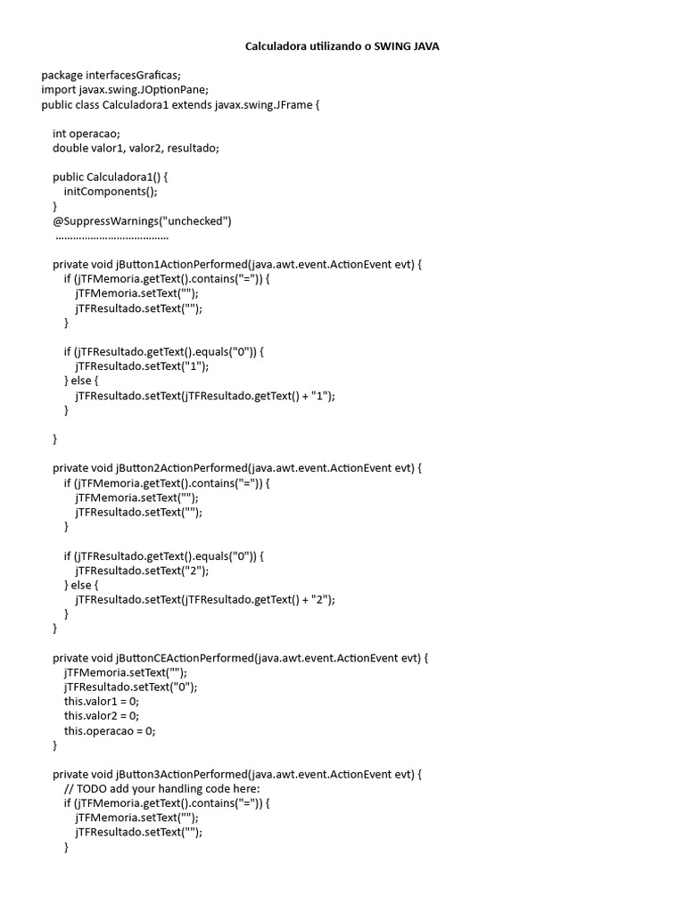 Calculadora utilizando o SWING JAVA | PDF | Programação de computadores ...