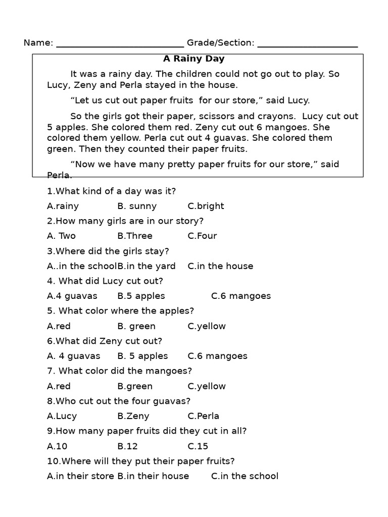 A Rainy Day: A Grade 3 Story | PDF