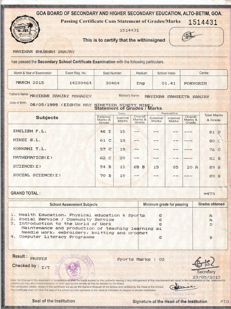 XTH Marksheet | PDF