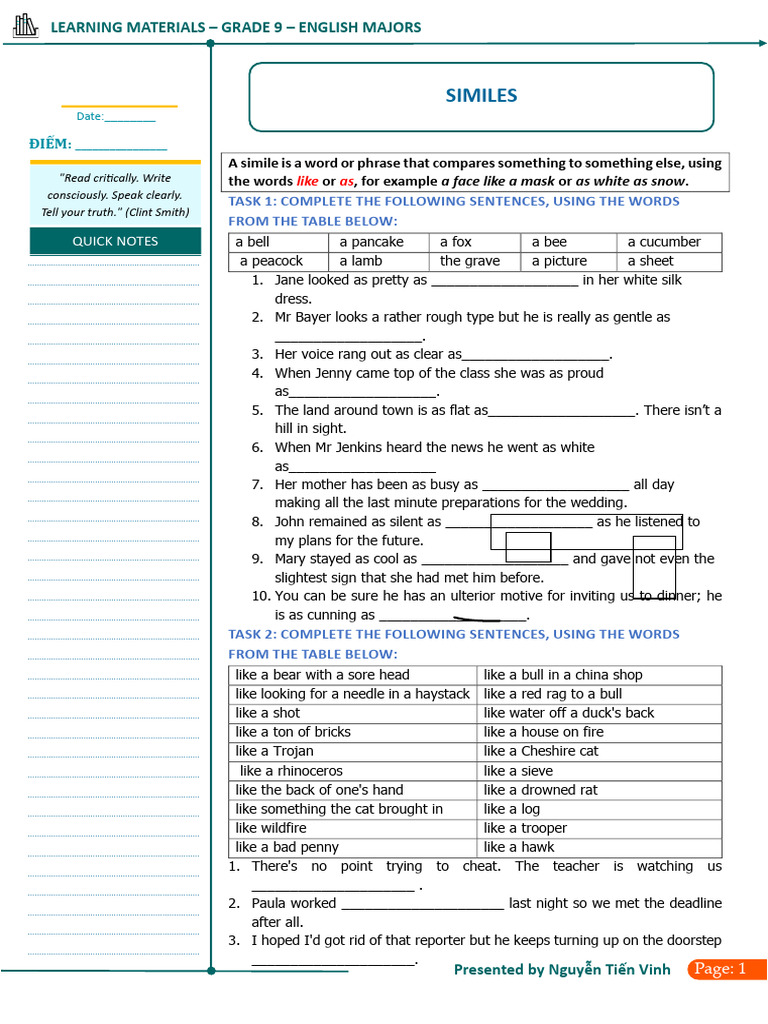 (9 Nang Cao - 24-25) 08 - Similes | PDF