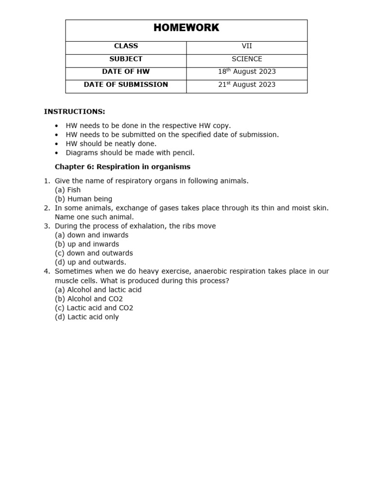 Class VII Science Homework: Respiration | PDF