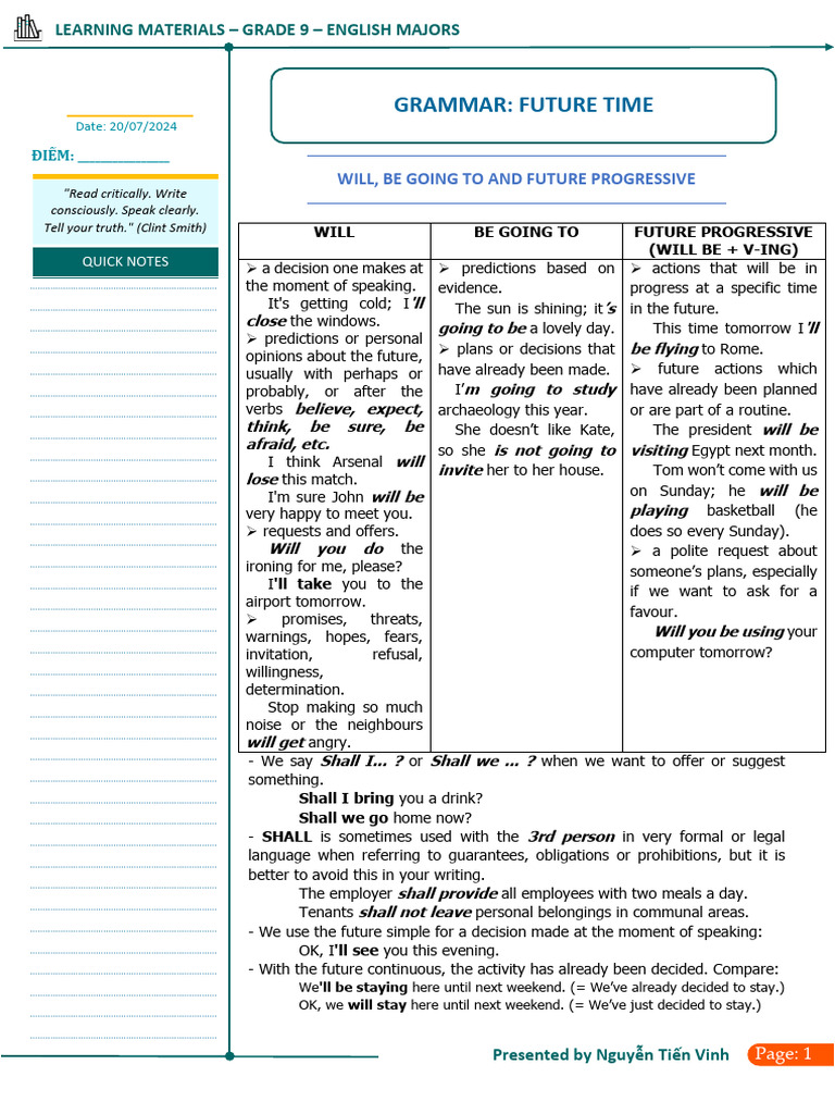 Future Tense Grammar Guide for Grade 9 | PDF | Grammar | Linguistics