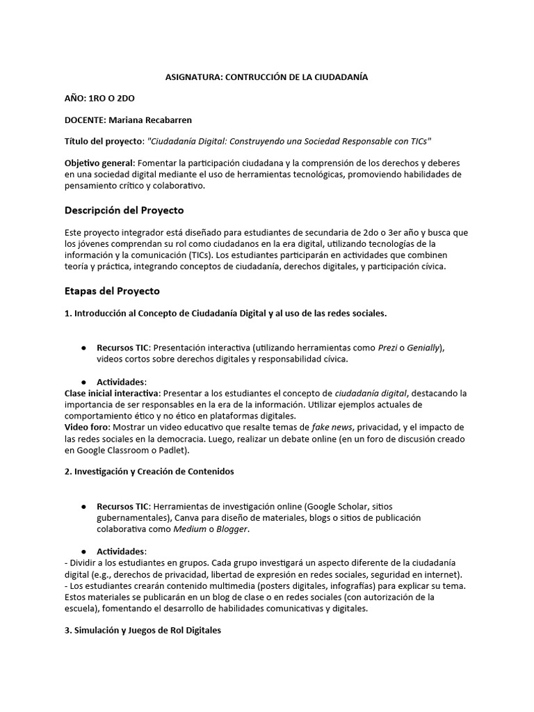 Proyecto TICS Construcción de La Ciudadanía 1° y 2° | PDF | Tecnología de información y ...
