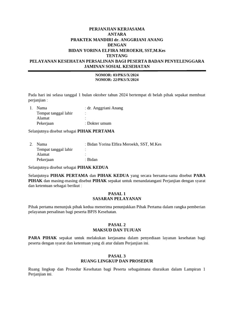 Perjanjian Kerjasama Antara Bidan - Mama | PDF