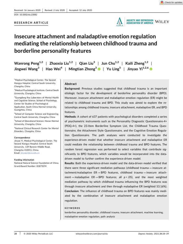 Depression and Anxiety - 2020 - Peng - Insecure Attachment and ...