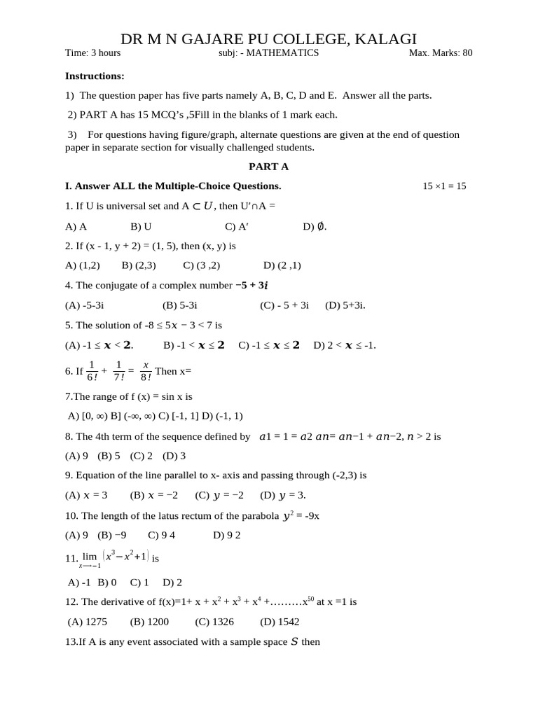 1st Puc Quetion Paper p11 | PDF | Elementary Geometry | Differential ...