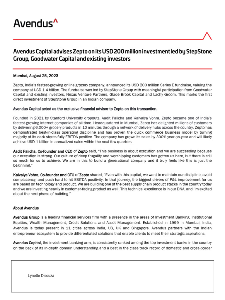 Avendus Capital Advises Zepto On Its Usd 200 Million Investment Led by ...