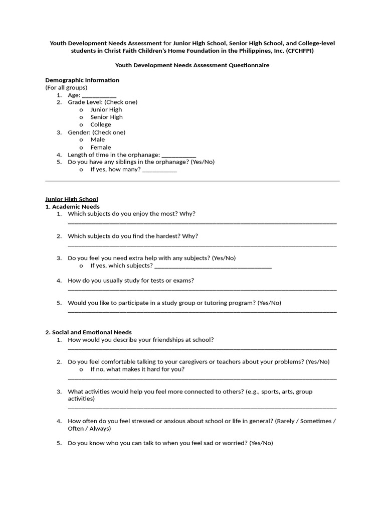 Youth Development Needs Assessment Survey | PDF | Schools | Middle Schools