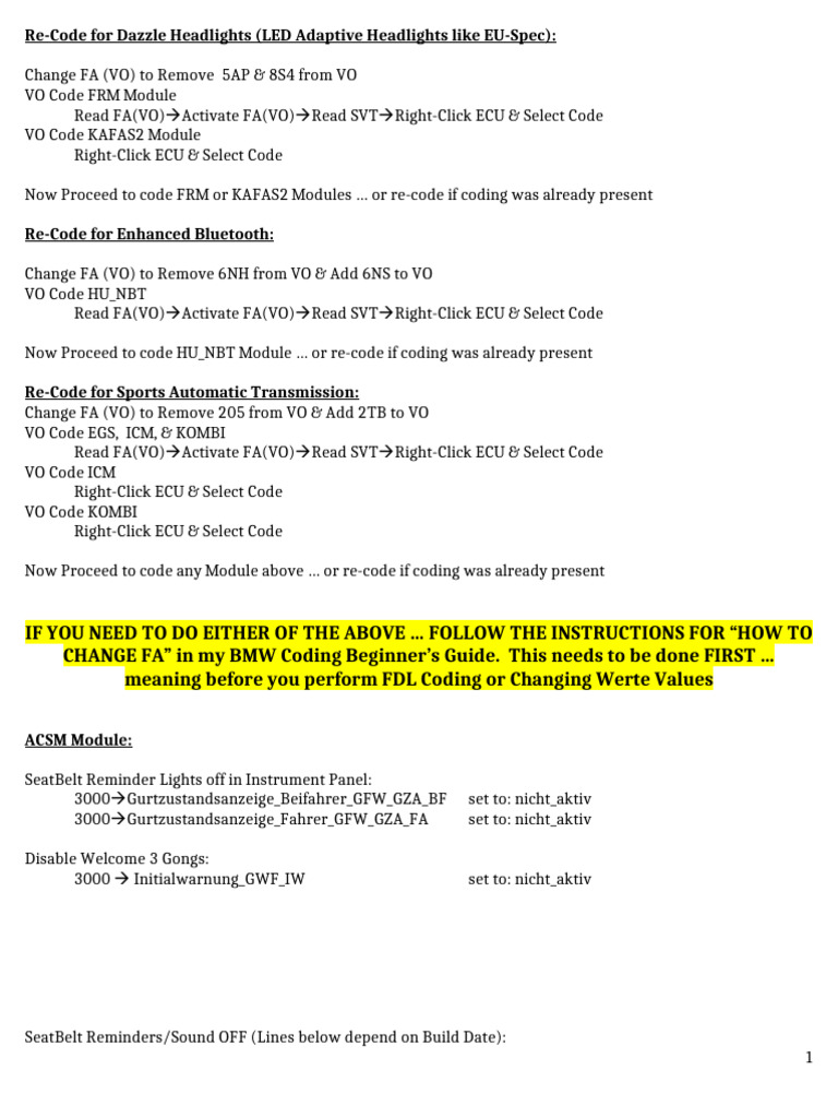 BMW Coding Parameters - F10 - For 5 and 6 Series | PDF | Motor Vehicle | Automotive Technologies