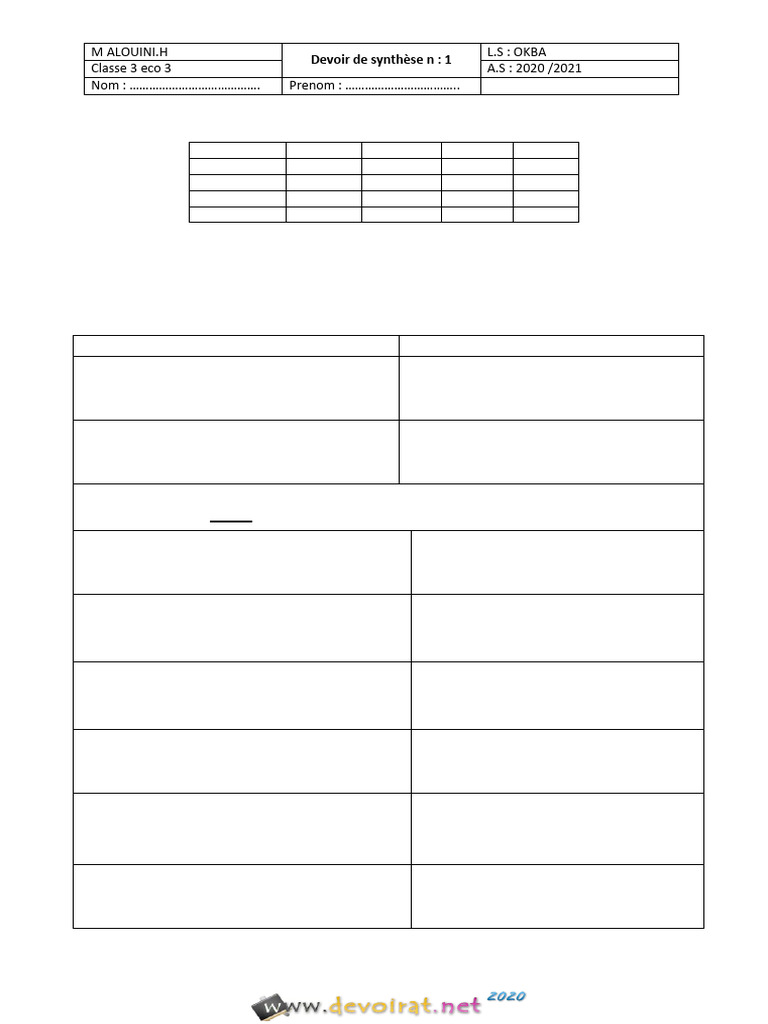 Devoir de Synthèse N°1 - Informatique - 3ème Economie & Gestion (2020 ...