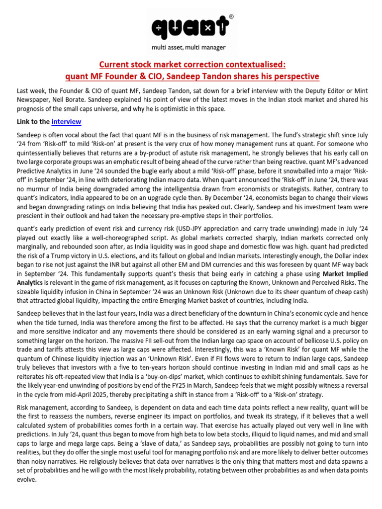 Quant MF - Mint Interview 14 Feb 2025 | PDF | Investing | Valuation ...