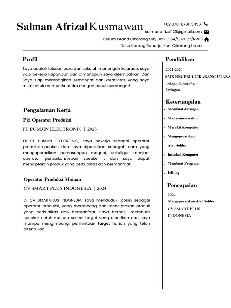 CV Salman Afrizal Kusmawan | PDF