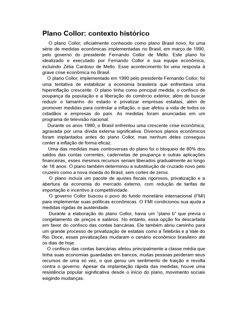 Plano Collor e Fernando Collor - 1 | PDF | Economia | Economias