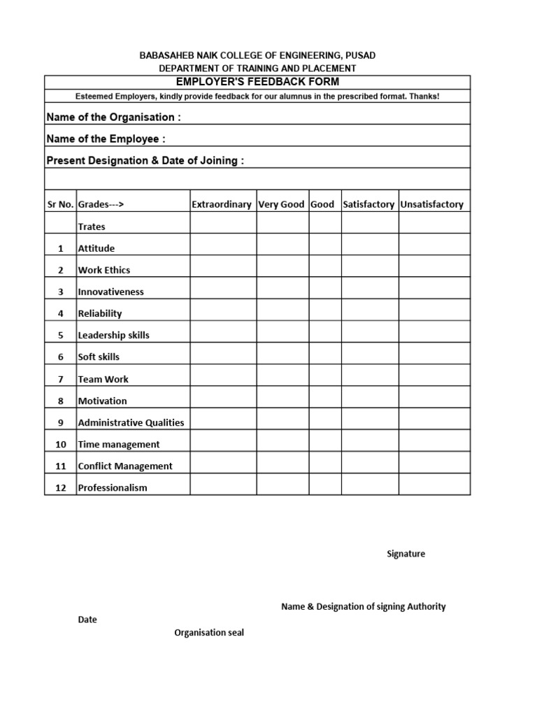 Employer'S Feedback Form Name of The Organisation: Name of The Employee ...