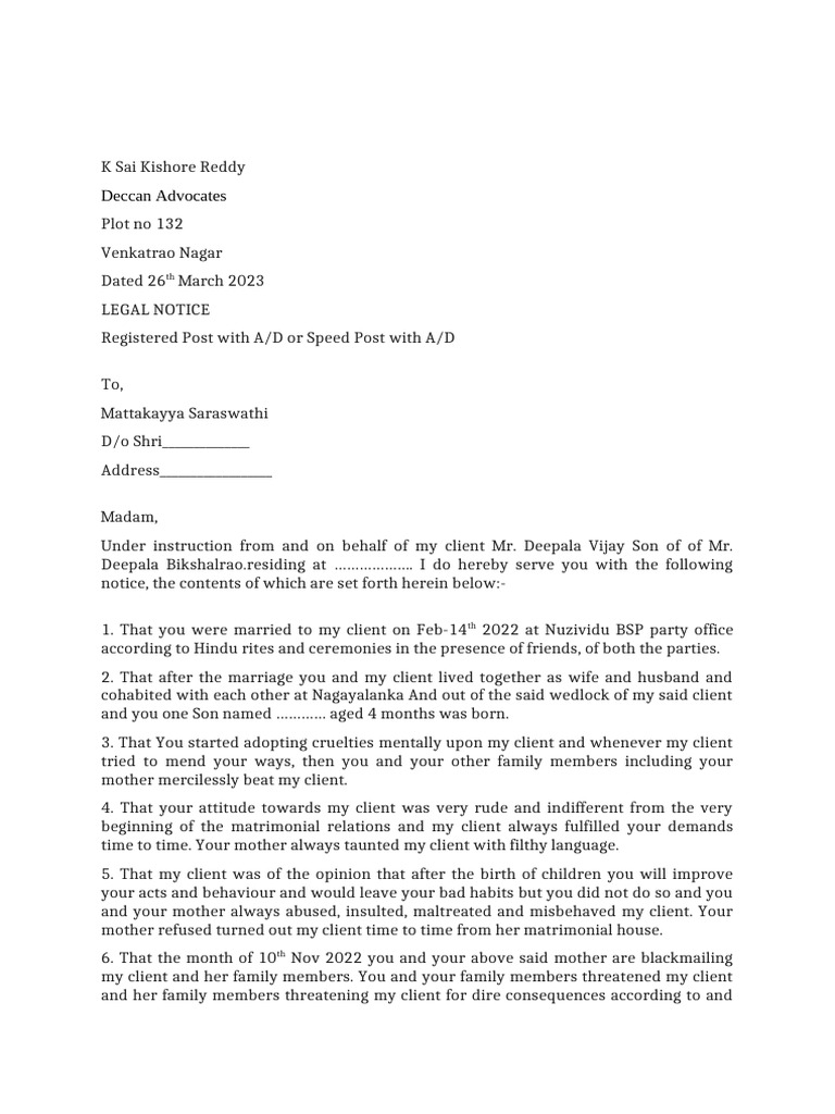 Legal Notice for divorce | PDF | Marriage | Intimate Relationships