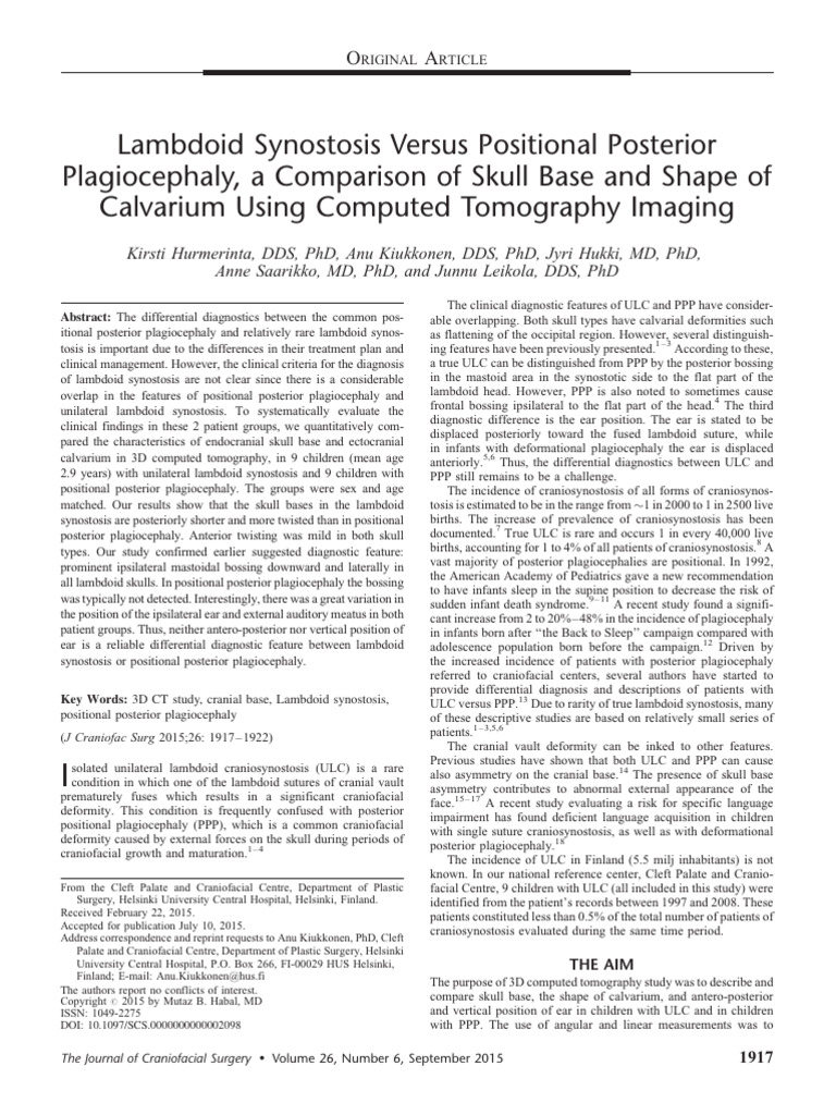 Lambdoid Synostosis Versus Positional Posterior Plagiocephaly, A ...