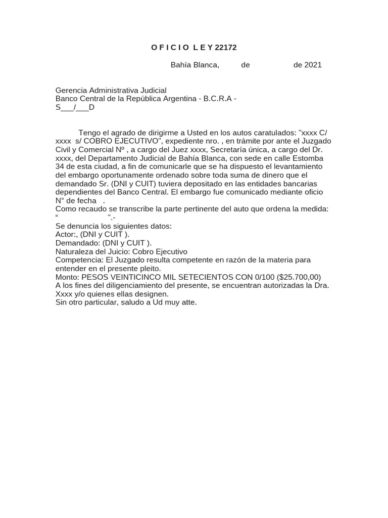 Modelo Oficio Ley 22172 Levantamiento Embargo BCRA | PDF