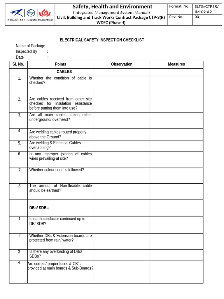 Electrical Safety Inspection Checklist | PDF | Electrical Wiring ...
