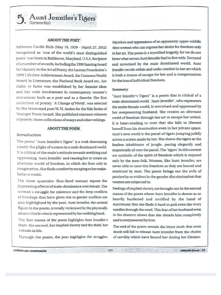 Poem Aunt Jennifer's Tiger class 12 | PDF