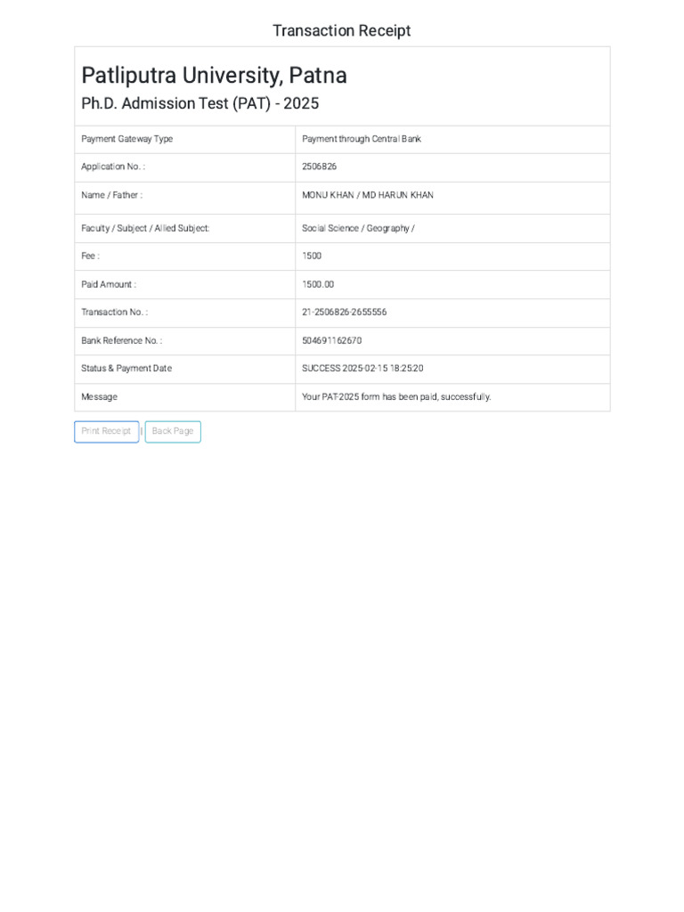 Monu Receipt PPU PhD 2025 | PDF
