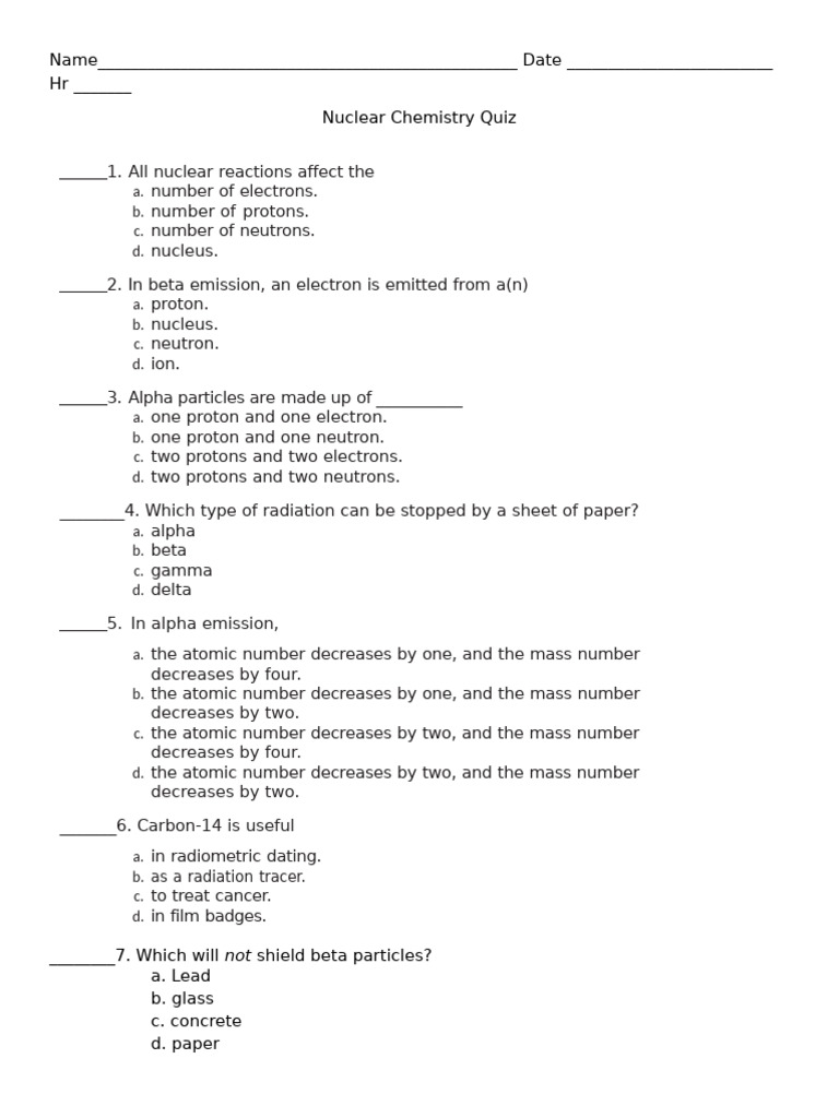 Nuclear Chemistry Quiz | PDF | Neutron | Nuclear Physics