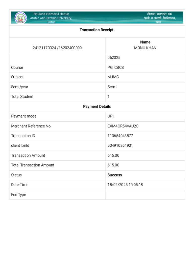 Monu Fee Receipt | PDF