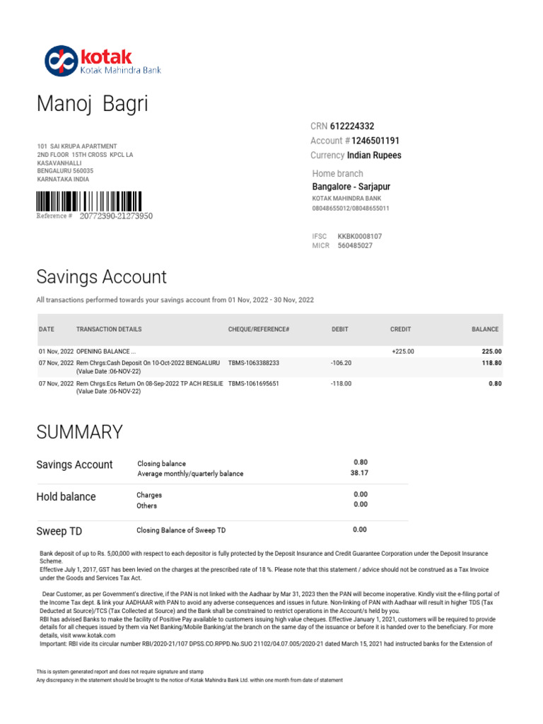 November 2022 Kotak Bank Statement | PDF | Cheque | Banks