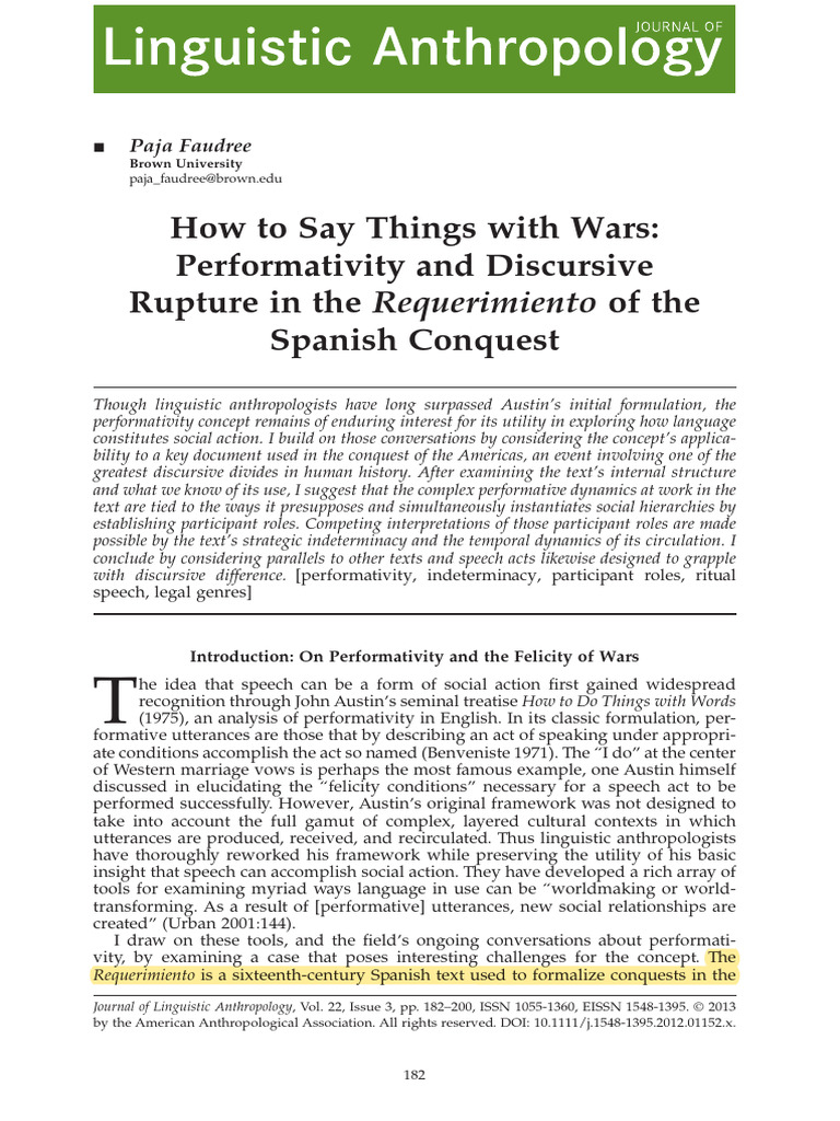 How To Say Things With Wars: Performativity and Discursive Rupture in The of The Spanish ...