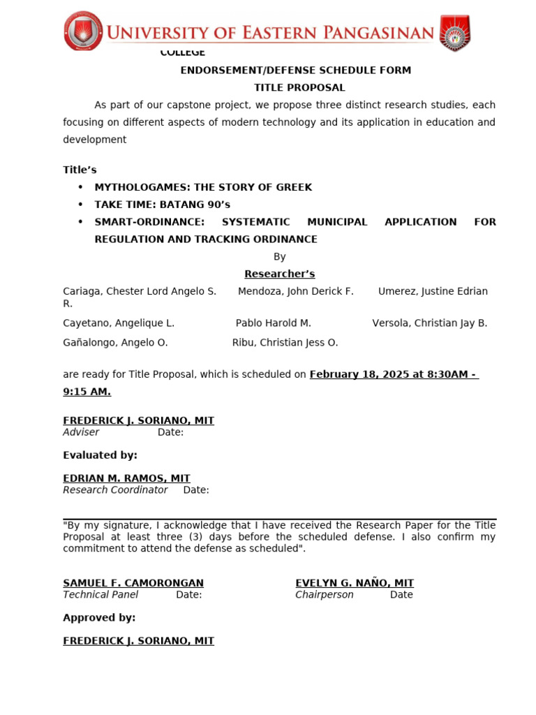 Title Proposal for Capstone Research Studies | PDF