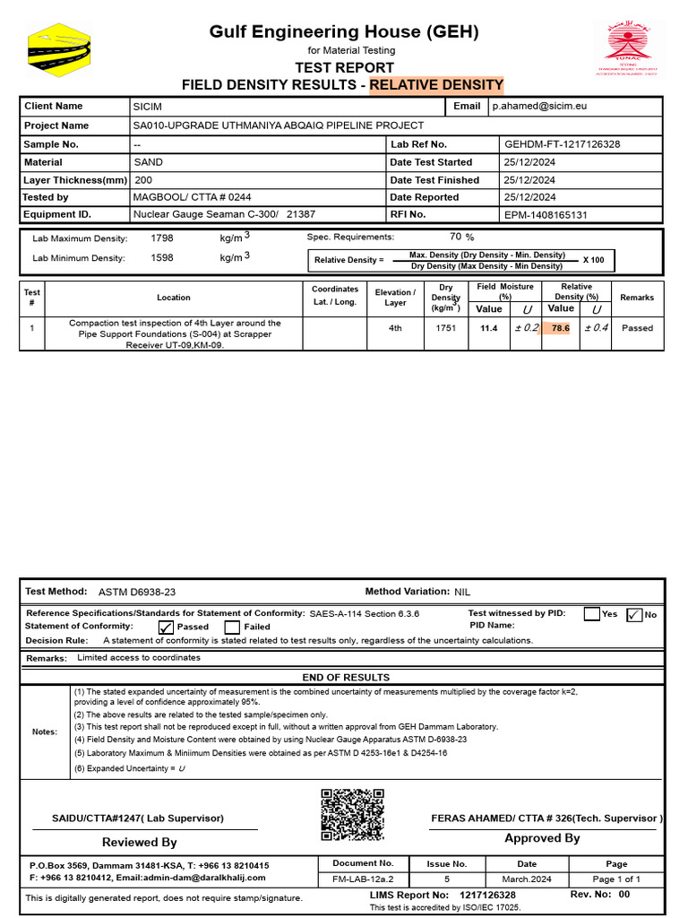Compaction Test Report for Pipeline Project | PDF | Density