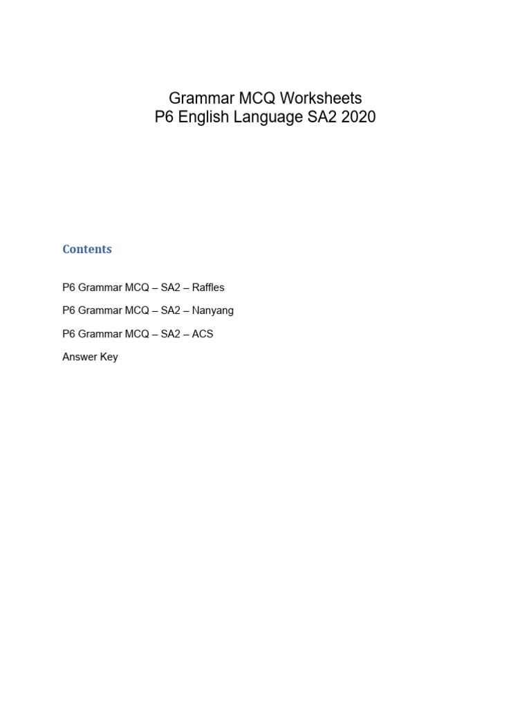 P6 Grammar MCQ Worksheets SA2 2020 | PDF